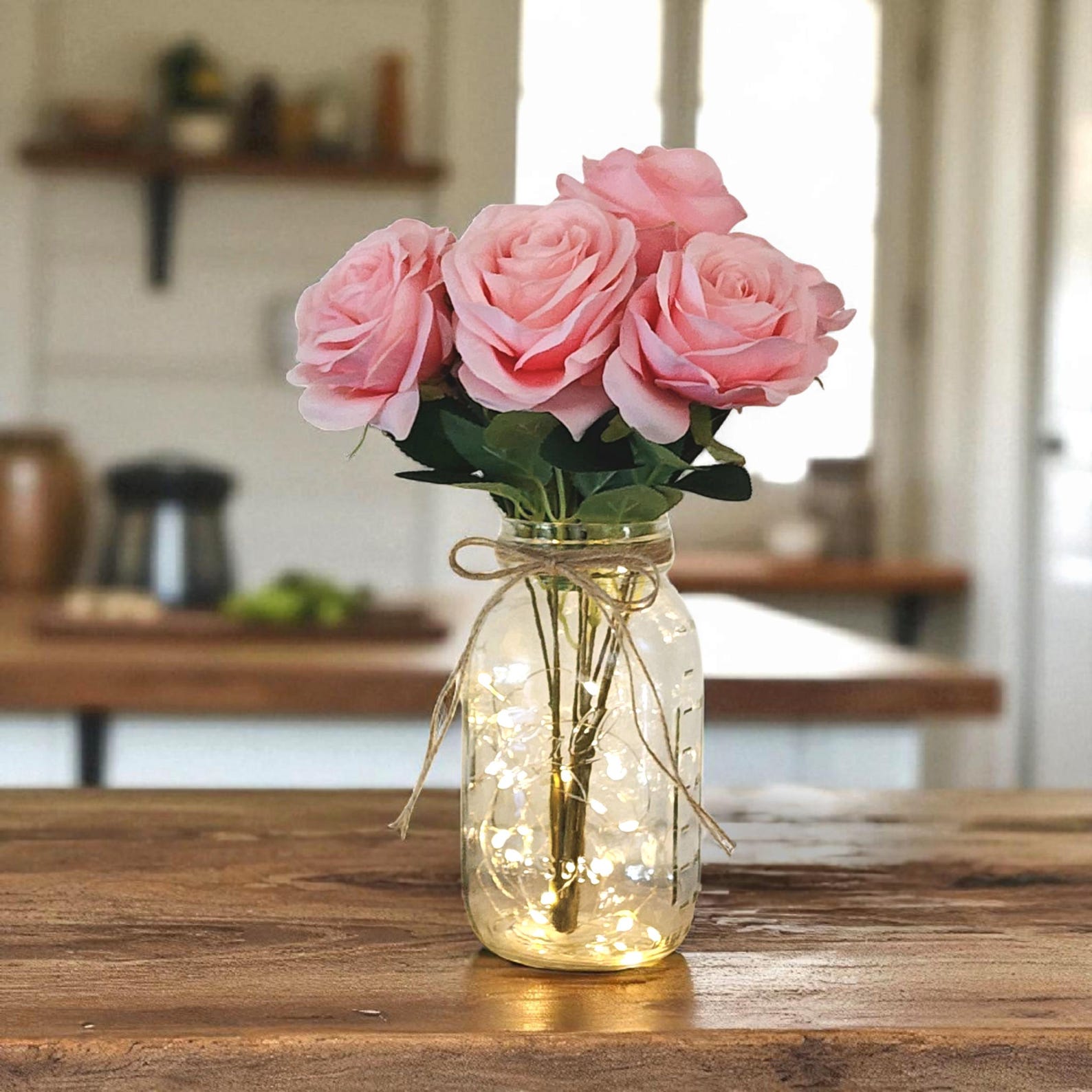Clear Lit Mason Jar With Pink Roses, Romantic Theme, Farmhouse Wedding ...