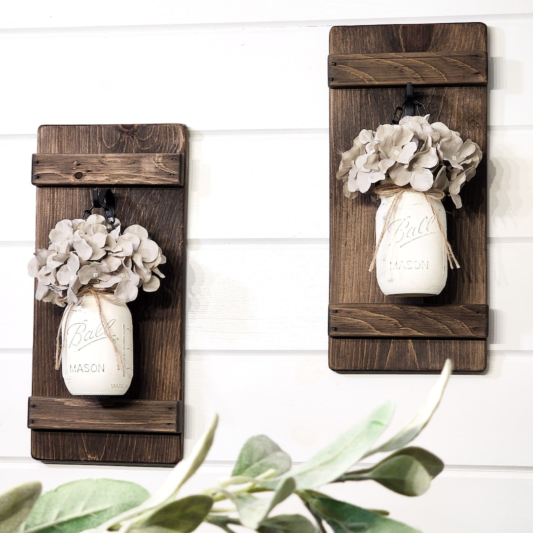 Set of 2 Rustic Hanging Mason Jar Wall Sconces With Hydrangea Flowers ...