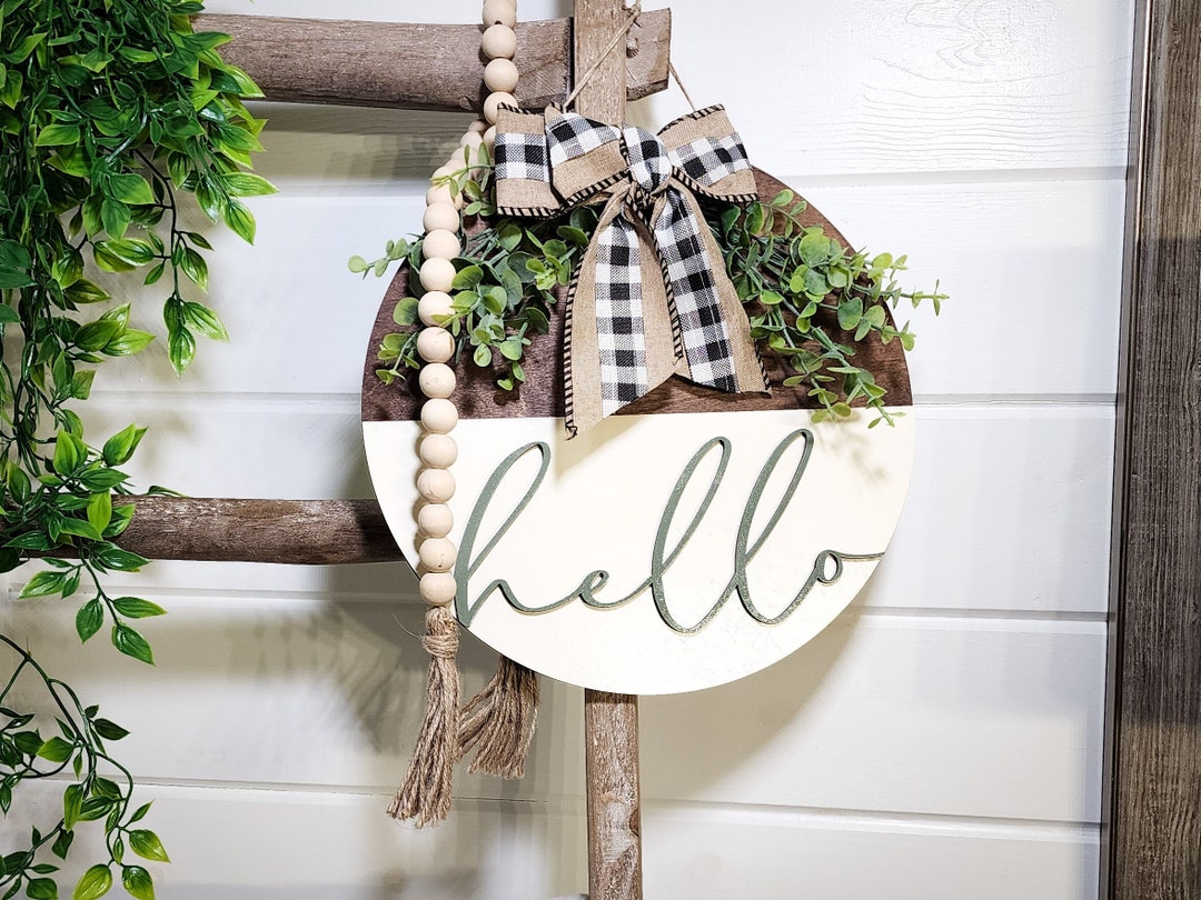 Cursive Hello Welcome Sign, Wooden Door Hanger, Cursive Round Signs ...