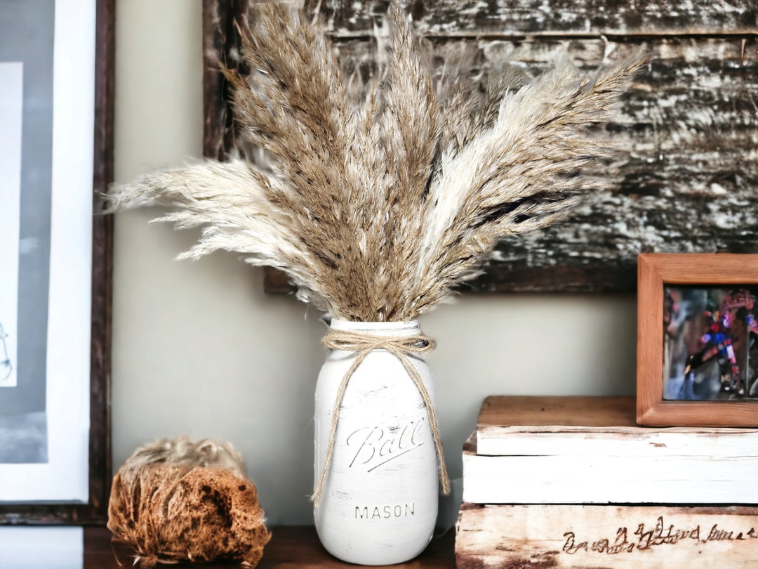 Distressed Ball Jar With Pampas Grass, Chalk Painted Jar With Twine ...