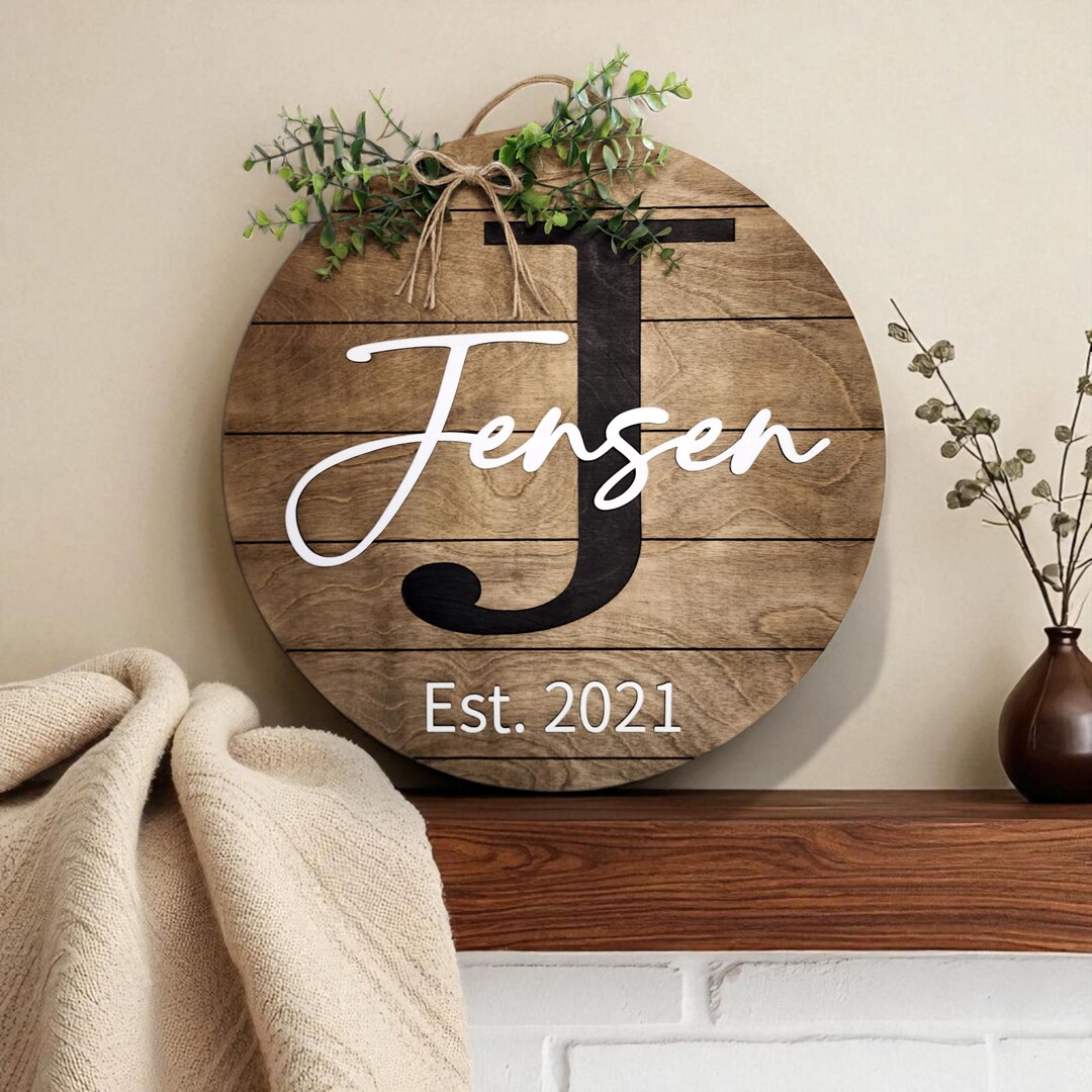 Rustic Wood, Monogram Initial Sign Round, Custom Family Last Name Decor ...