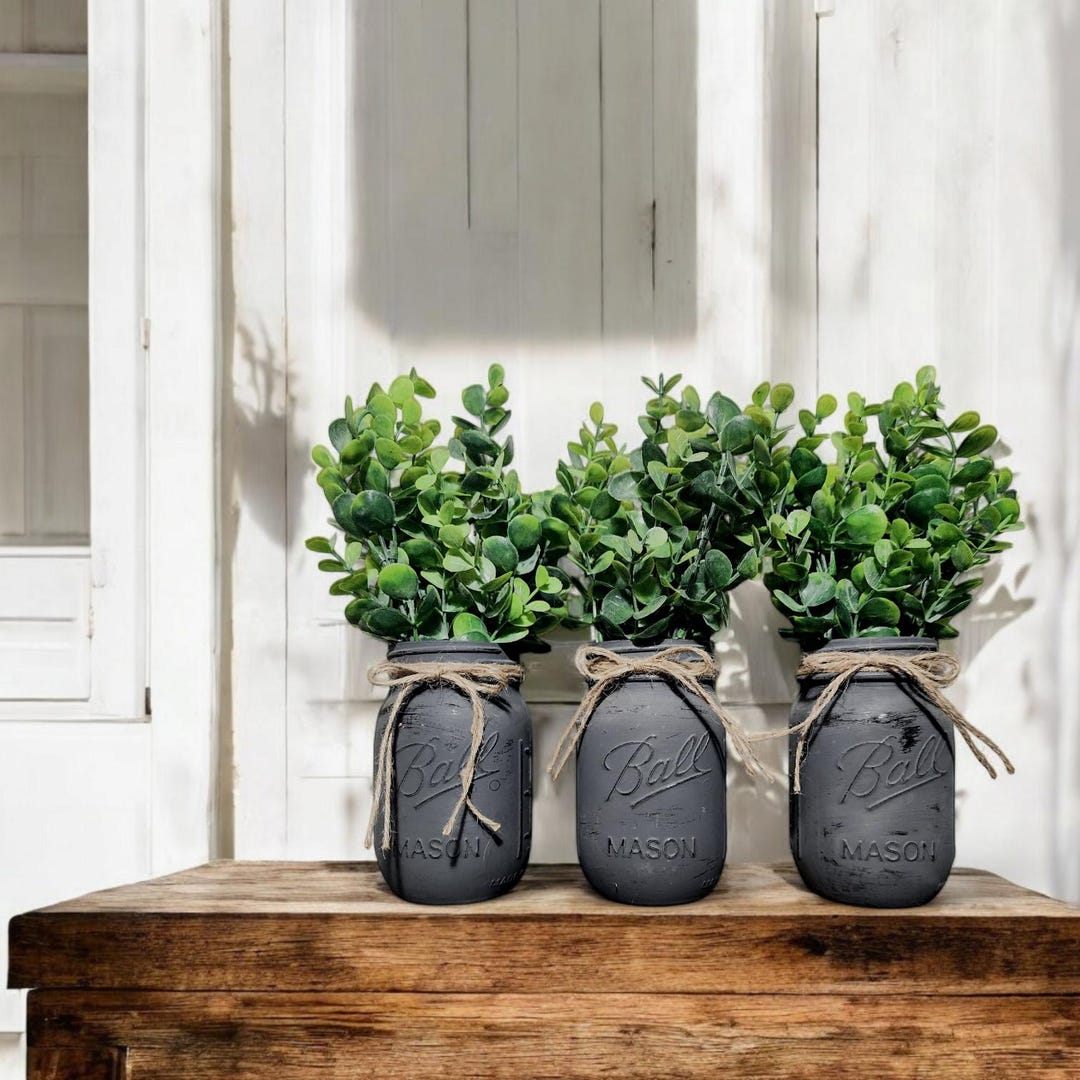 Set of 3 Distressed Mason Jars With Eucalyptus, Vintage Style, Chalk ...
