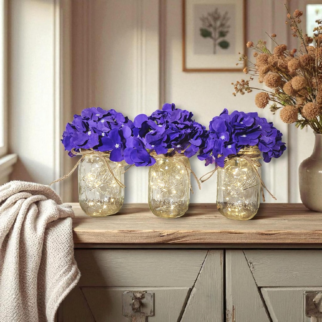 Clear Ball Mason Jar With Fairy Lights & Hydrangea Flowers, Romantic ...