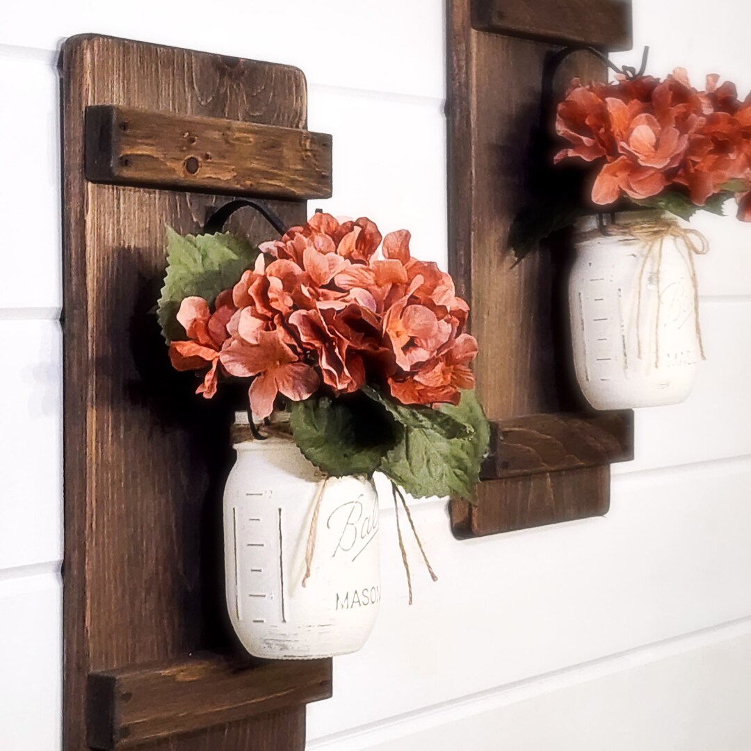 Set of 2 Vintage Farmhouse Hanging Mason Jar Sconces With Brown ...