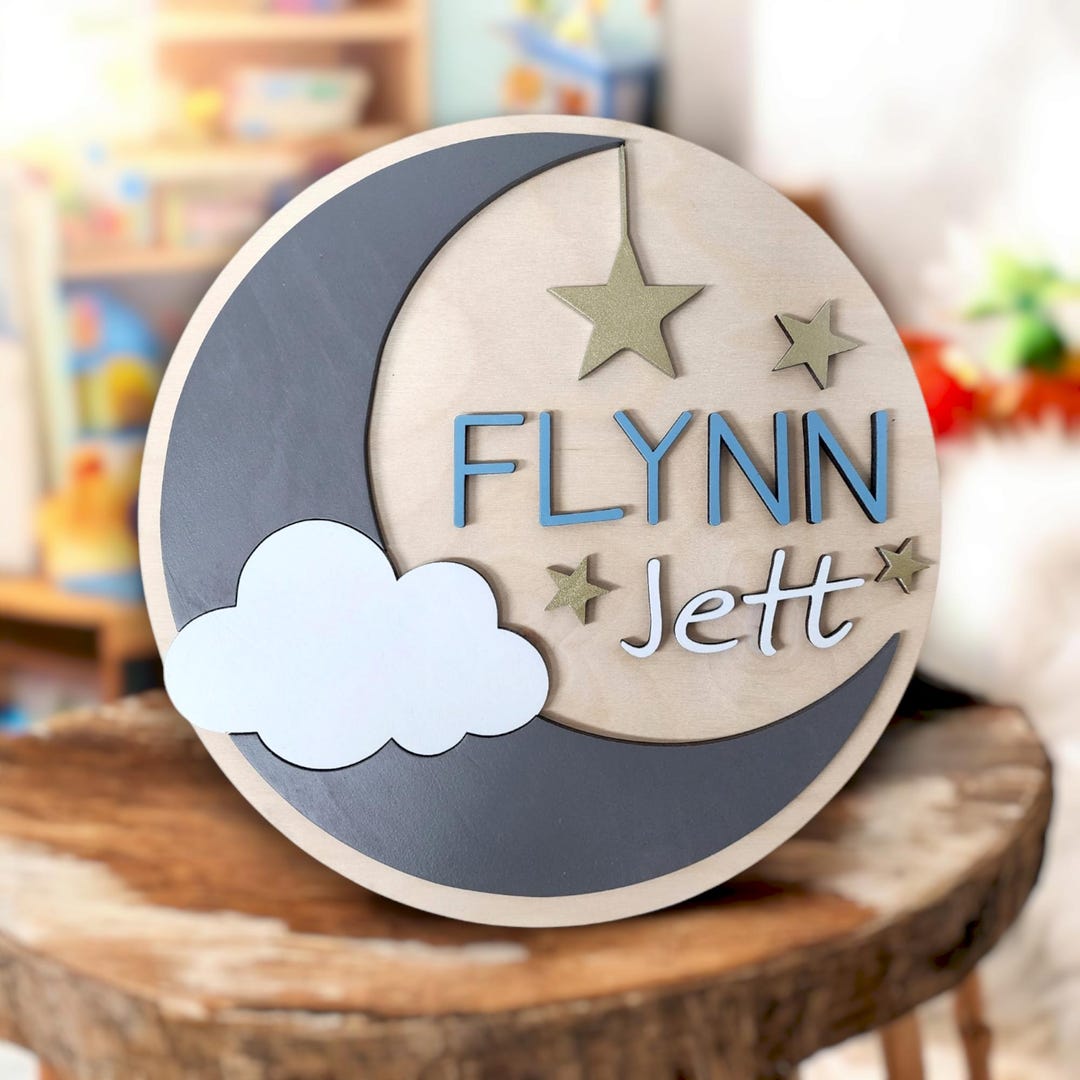 Personalized Kids Moon & Star Name Sign, Laser Cut, Wood Round Plaque ...