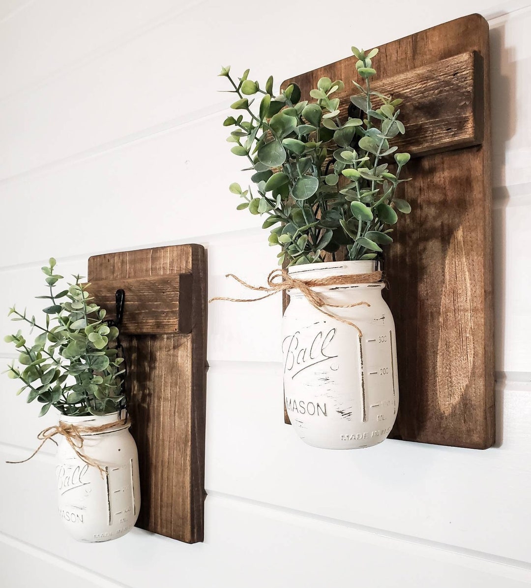 Set of 2 Hanging Mason Jar Sconces With Eucalyptus Rustic Wood Wall Sconce With Greenery Mason Jar Eucalyptus Farmhouse Home wall Decor Etsy