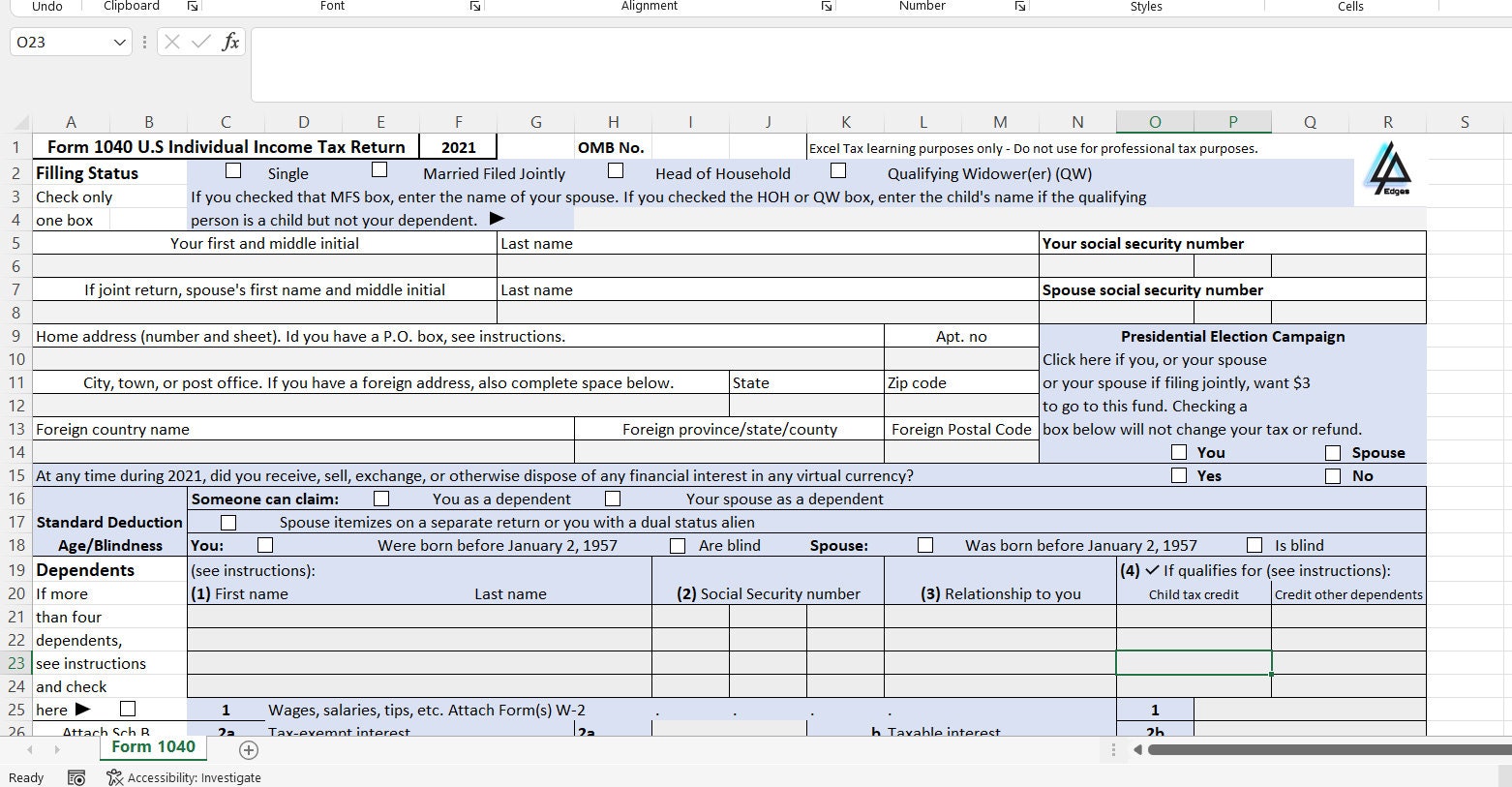 2021 Tax Form 1040 in Excel + PDF - Etsy