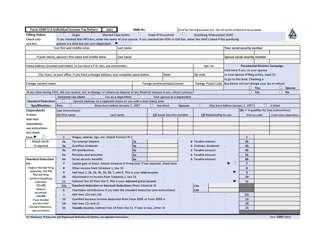 2021 Tax Form 1040 in Excel + PDF - Etsy