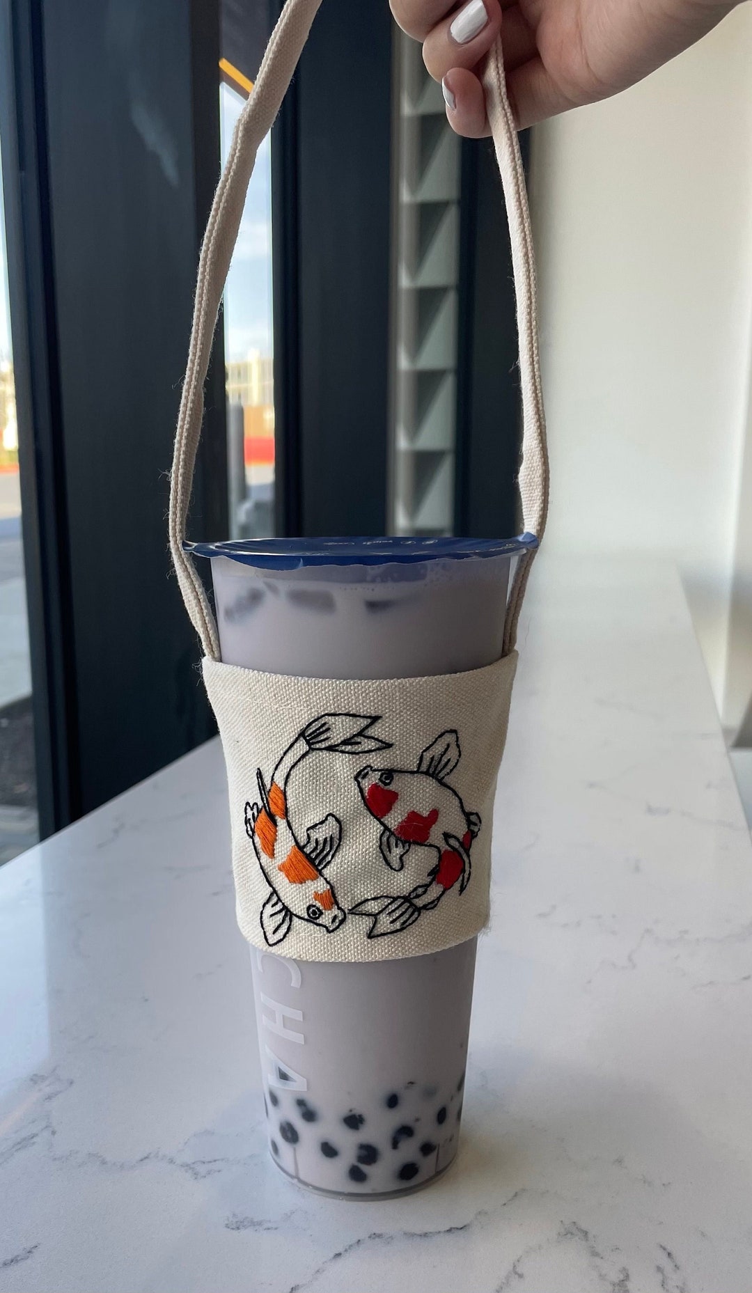 Koi Fish Design Embroidered Cup Holder for Cold and Hot Drinks - Etsy