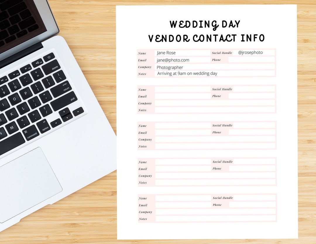 Wedding Vendor Contact Sheet | Wedding Planning | Template | Instant ...