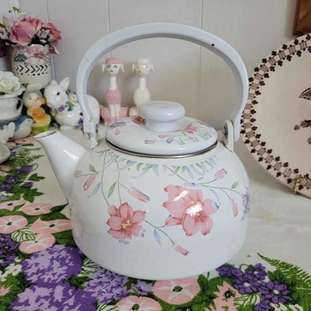 Vintage Enamel Kettle Floral Handle - Etsy