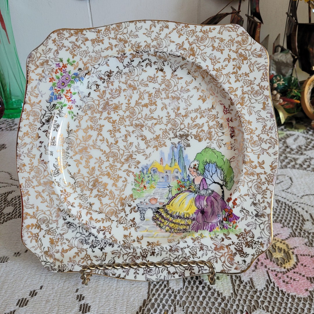 Vintage Crinoline Lady Gold Chinz Scalloped Edge Square Plate - Etsy