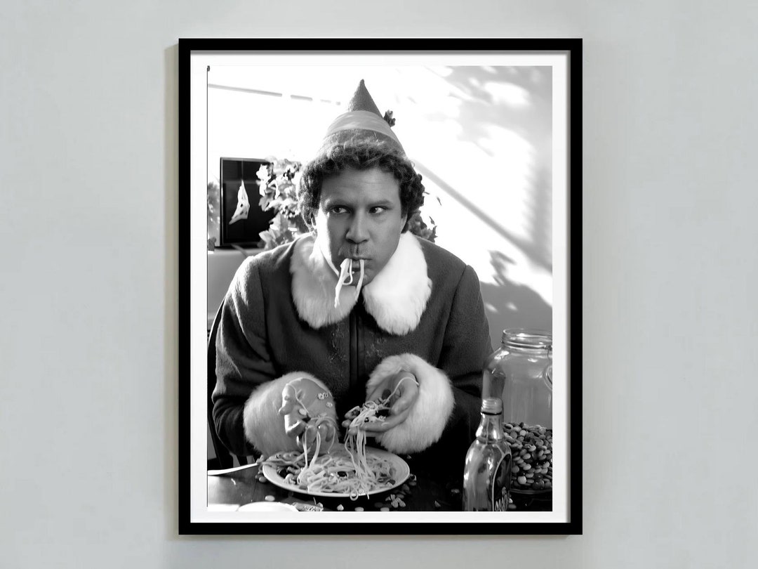 Elf Buddy Eating Spaghetti Poster, Black and White, Funny Christmas ...
