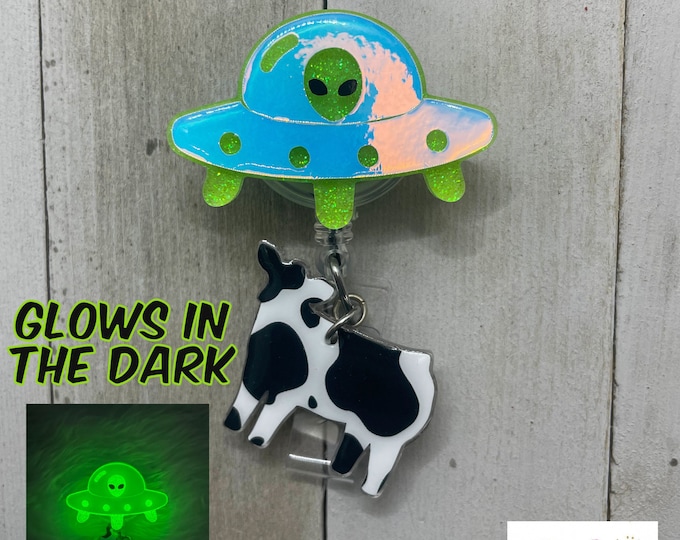 The Original UFO Alien Cow Abduction Funny Retractable Badge Reel Glow ...