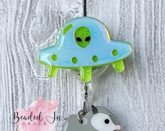 UFO Cow Abduction Badge Reel, Glow in the Dark, Alien Spaceship Badge ...