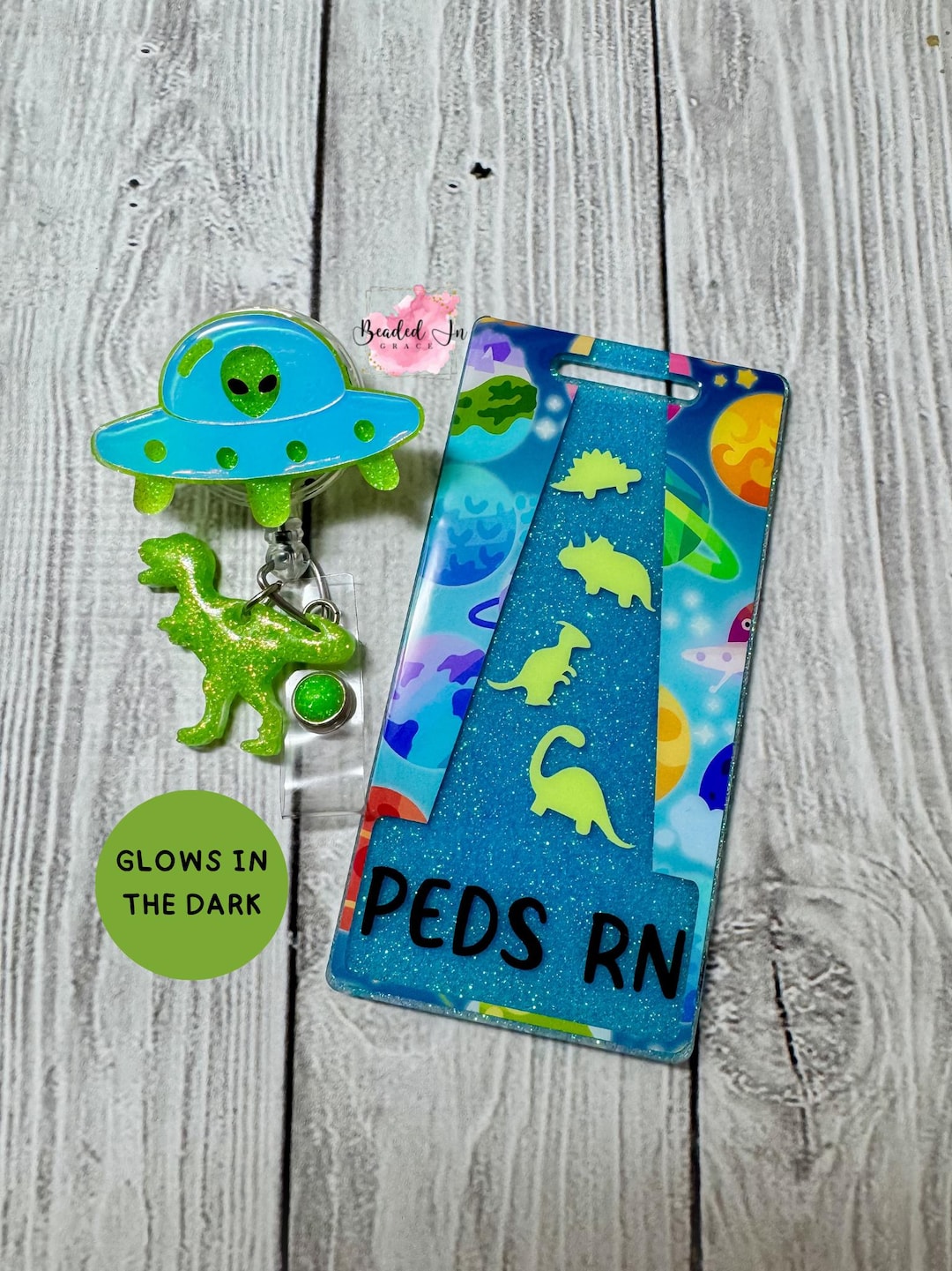 UFO T-rex Abduction Badge Reel: Glow-in-the-dark Alien Spaceship - Etsy