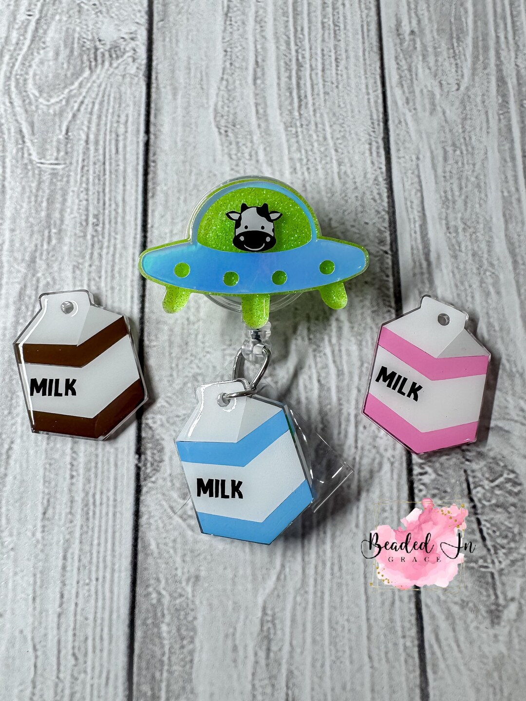 UFO Cow Milk Abduction Badge Reel, Glow in the Dark, Alien Spaceship ...