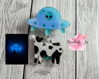 UFO Cow Abduction Badge Reel, Glow in the Dark, Alien Spaceship Badge ...