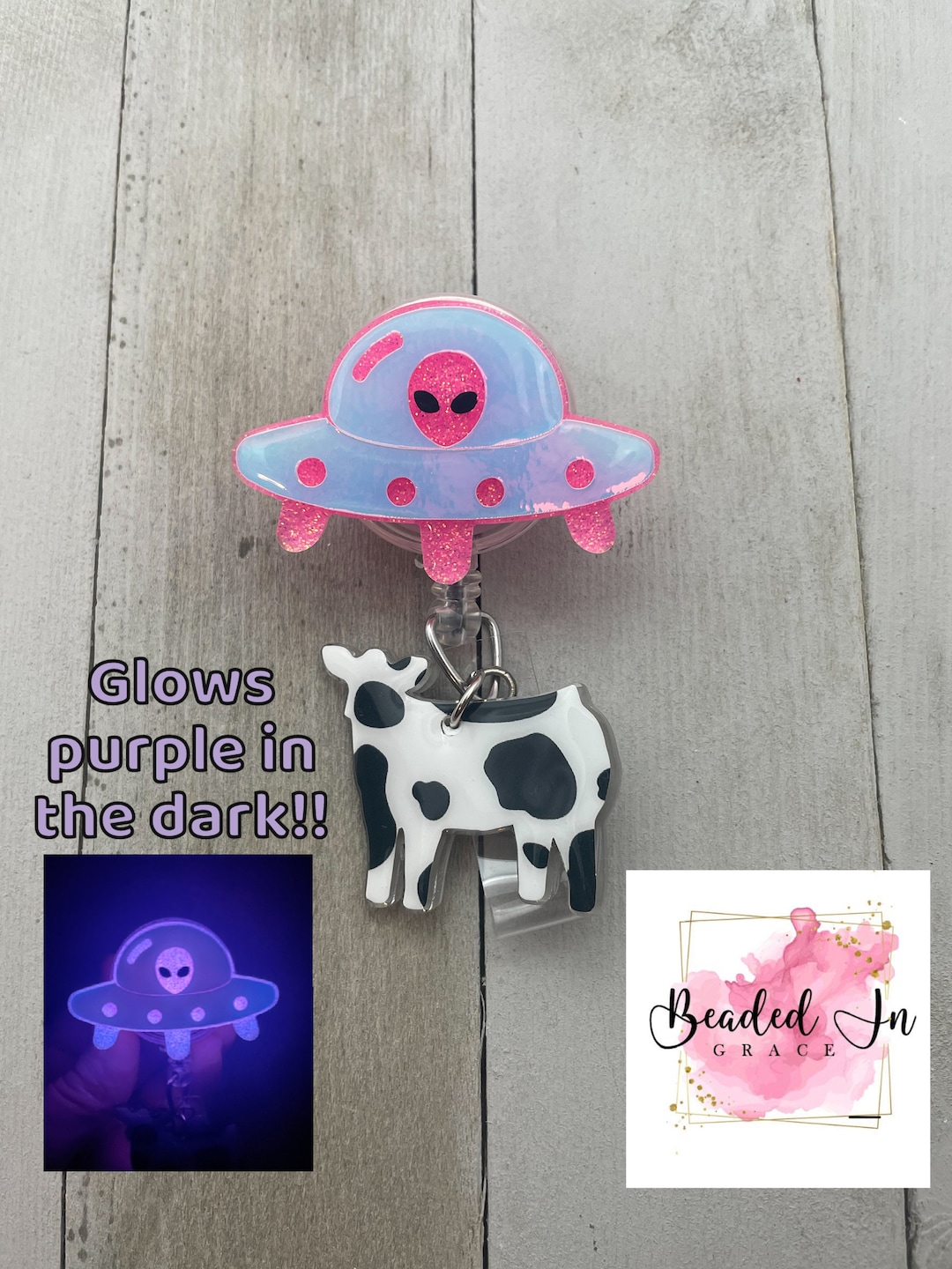 UFO Alien Cow Abduction Badge Reel: Glow in the Dark, Alien Spaceship ...