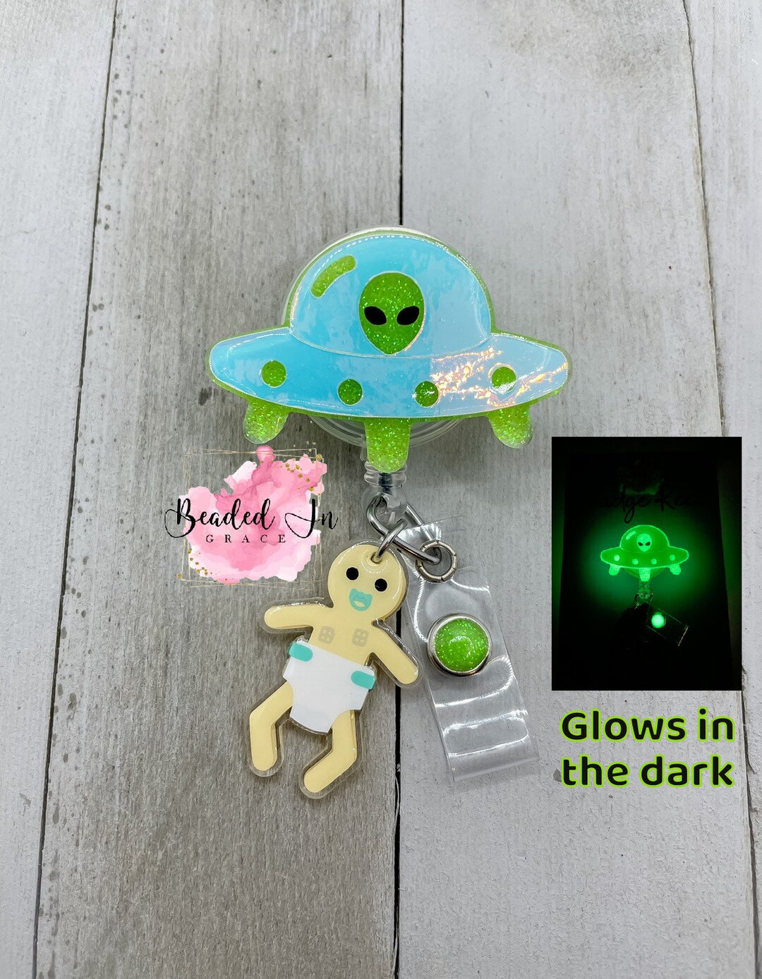 UFO NICU Abduction Badge Reel, Glow in the Dark, Alien Spaceship Badge ...