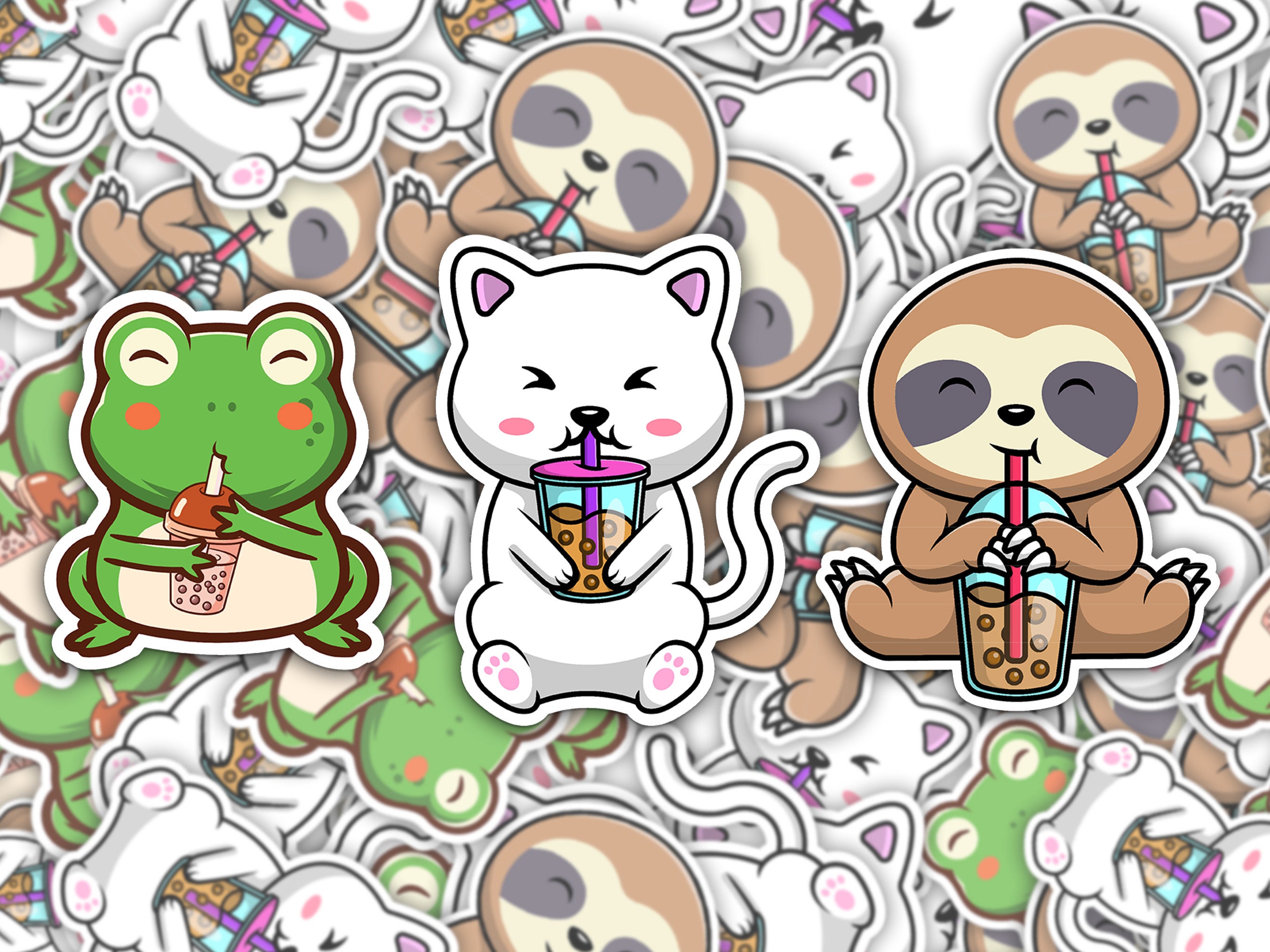 Kawaii Animal Boba Tea Sticker Pack Sloth Frog and Cat Multi - Etsy