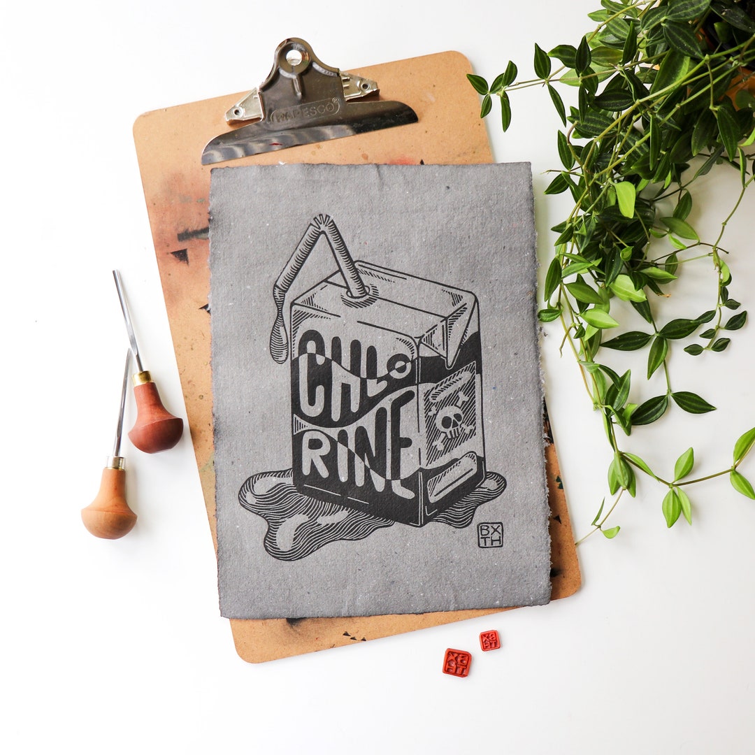 Adult Juice Box - Linoleum Block Print on Handmade Recycled Paper ...