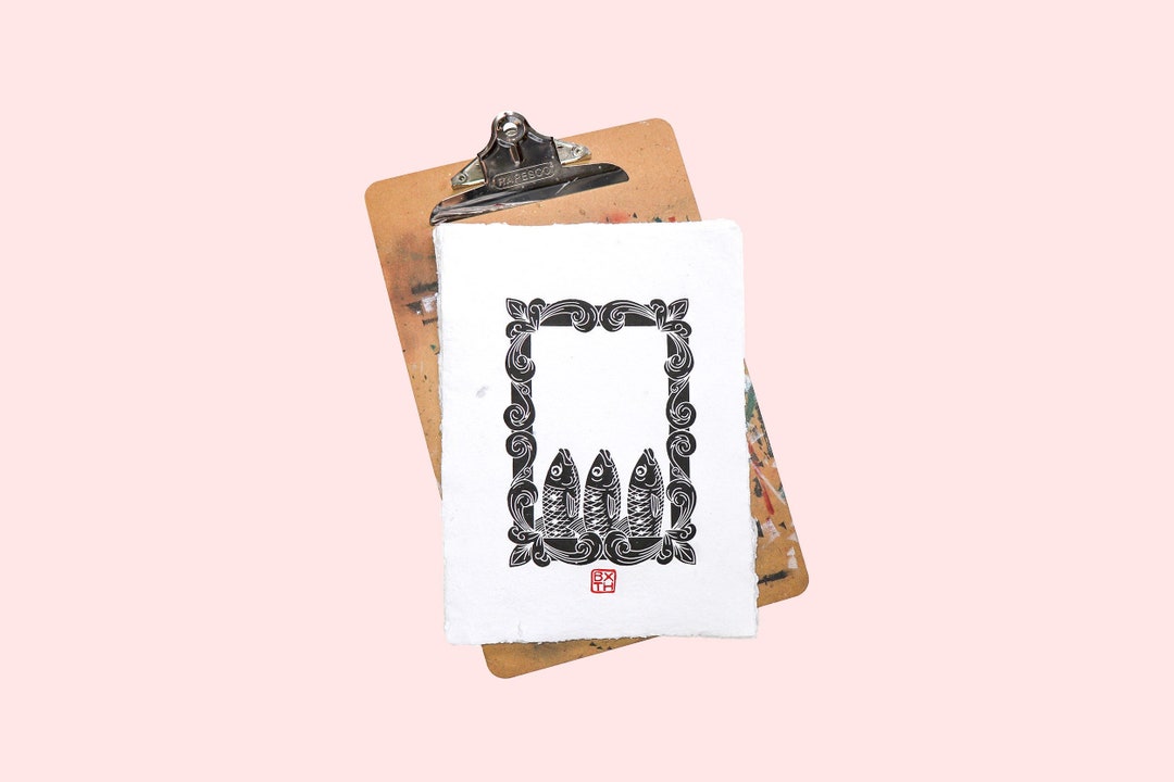 Fish Family Portrait Linoleum Block Print on Handmade Recycled Paper ...