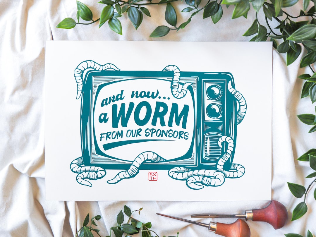 And Now A Worm From Our Sponsors Linocut Block Art Print - 29.7 X 21 Cm ...