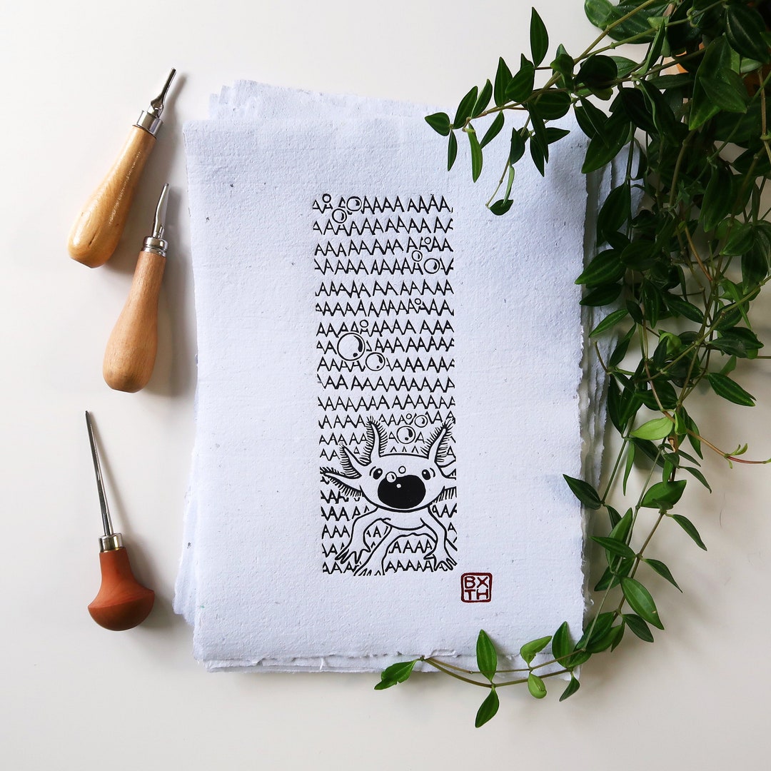 Screaming Axolotl Linoleum Block Print on Handmade Recycled - Etsy