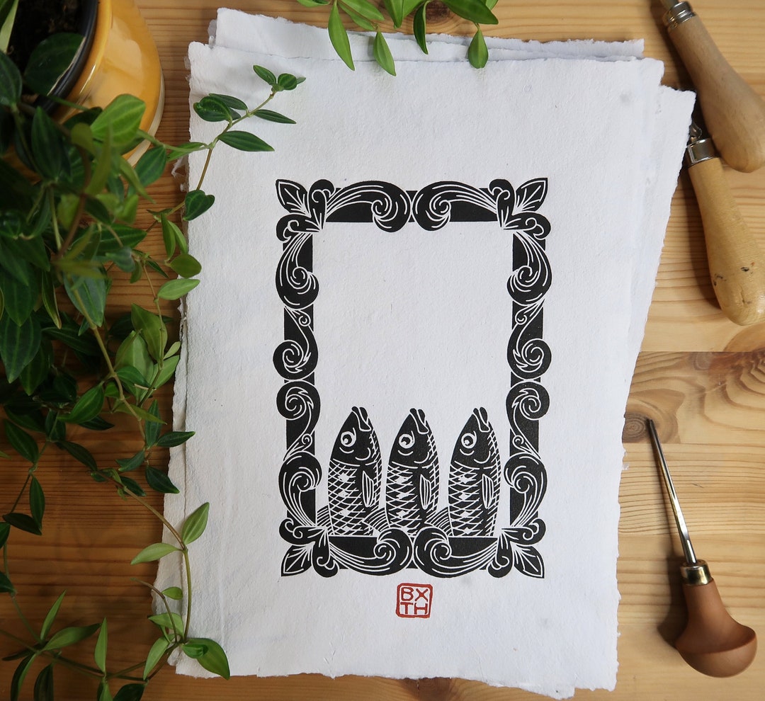Fish Family Portrait Linoleum Block Print on Handmade Recycled - Etsy