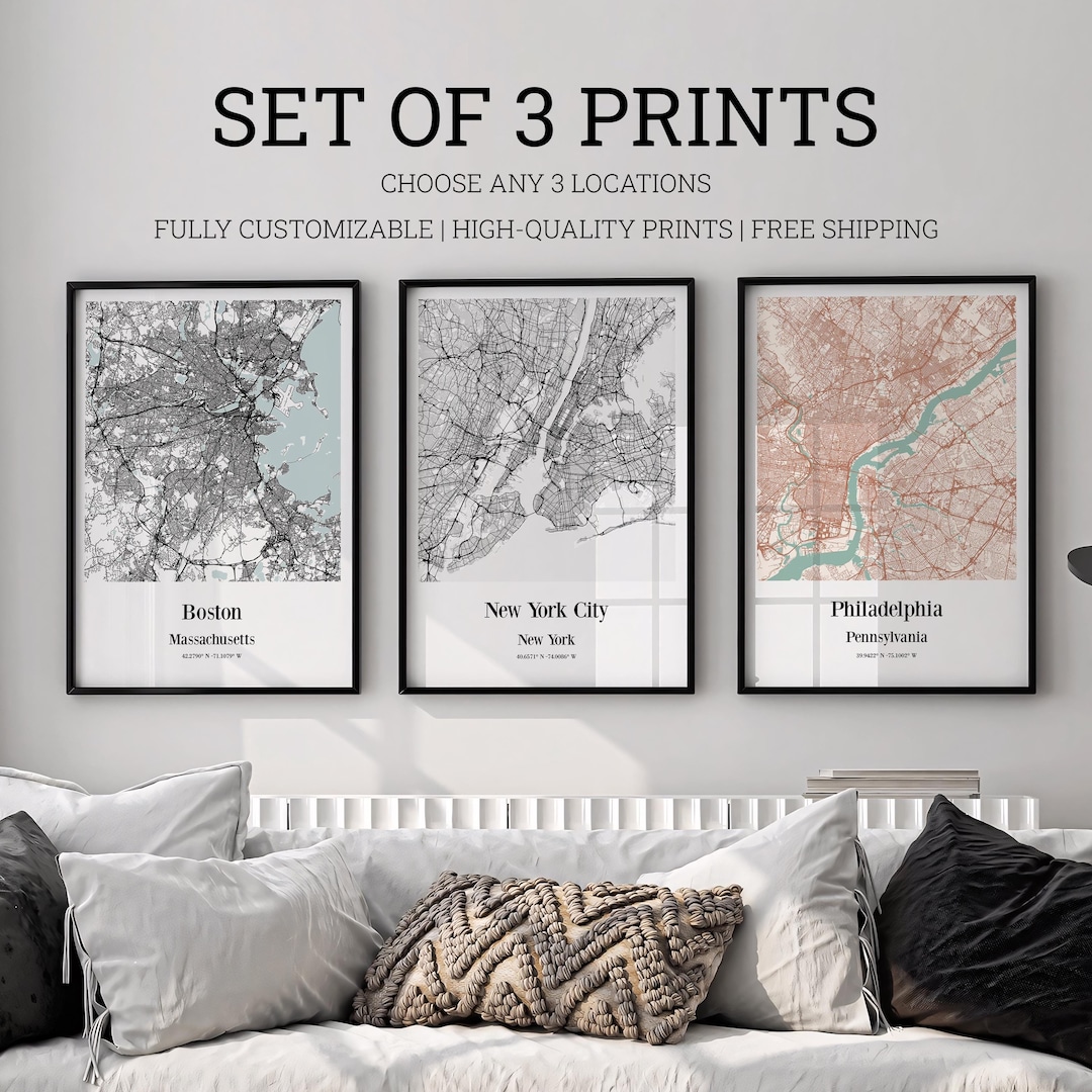Custom City Map Prints - Set of 3 Custom Maps Office Wall Art, Any City ...