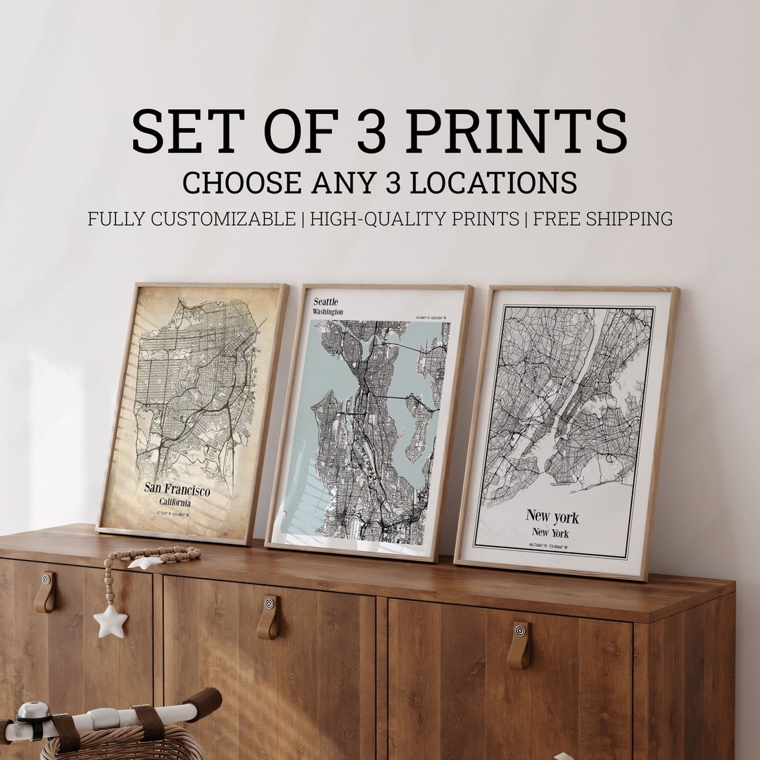 Custom City Maps - Set of 3 Pesonalized City Map Posters, Personalized ...
