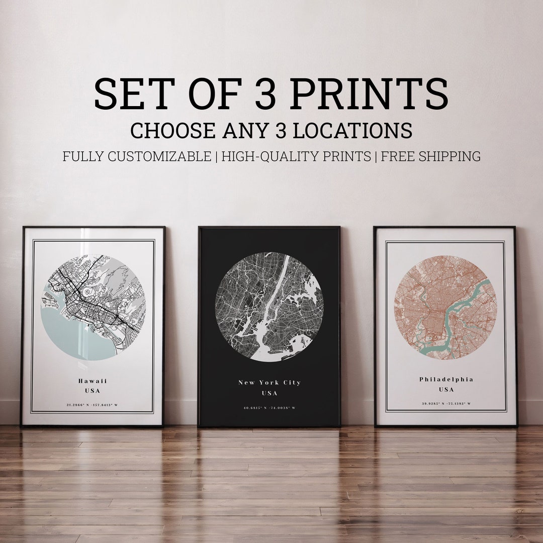 Custom City Maps - Set of 3 City Map Prints Office Wall Art, Any City ...