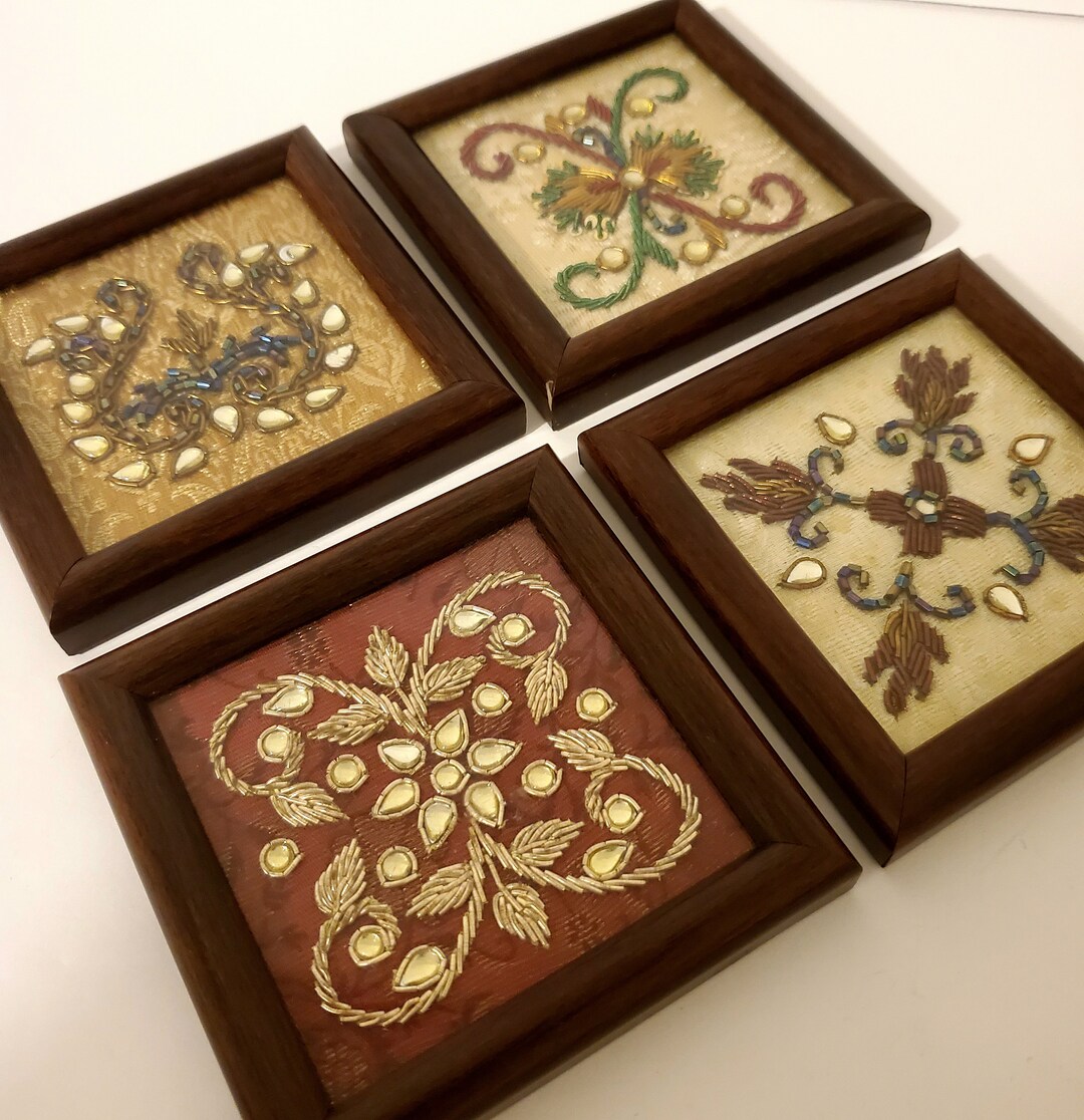 Hand Made Coasters on Barcode Silk With Ornate Zardozi Embroidery, 4 X ...