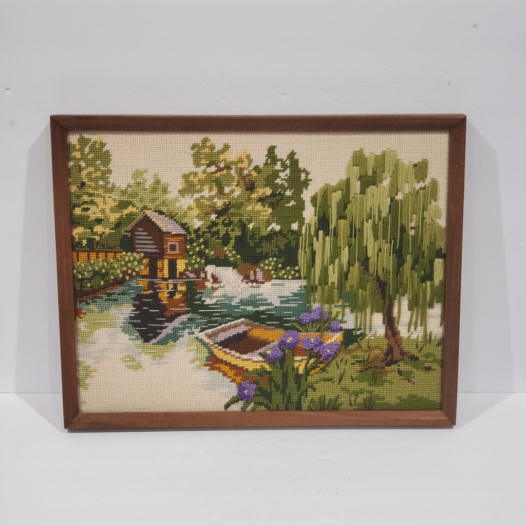 Vintage Needlepoint Embroidery Handmade and Framed River House and Boat ...