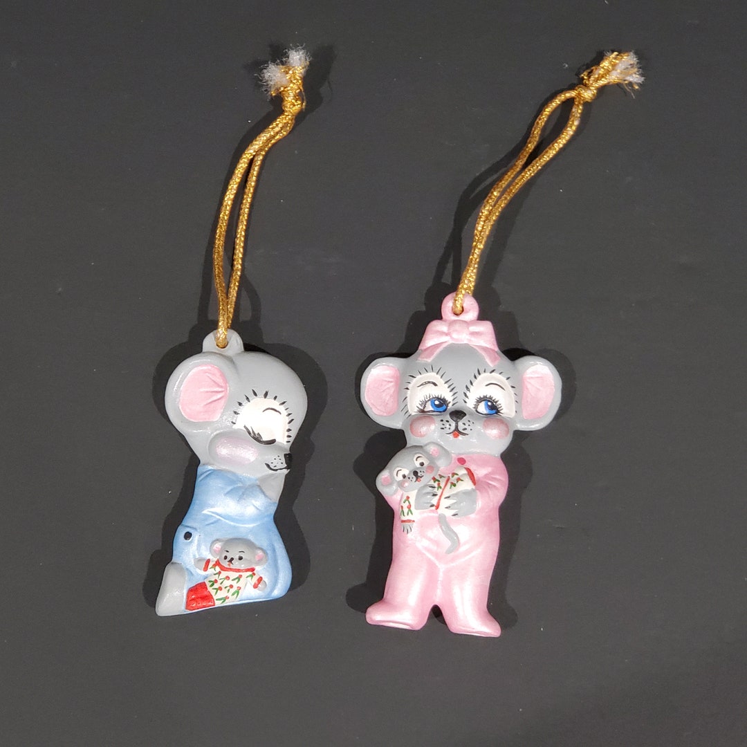 Ceramic Bisque Alberta Mold Mice in Pajamas Christmas Ornaments Vintage ...