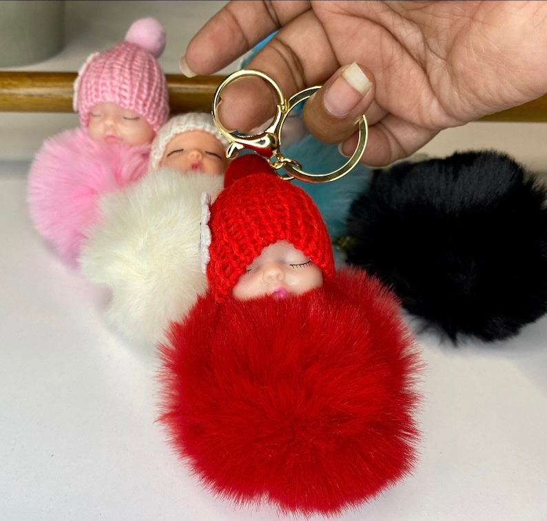 Pom Pom Sleeping Baby Keychain - Etsy