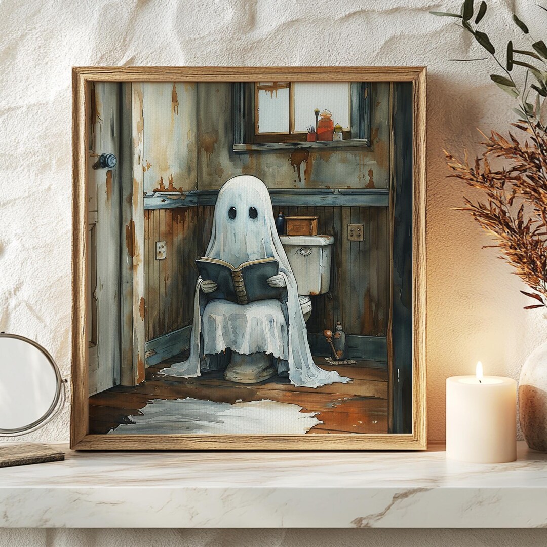 Cute Ghost Reading Newspaper on Toilet Printwhimsical Ghost Bathroom ...