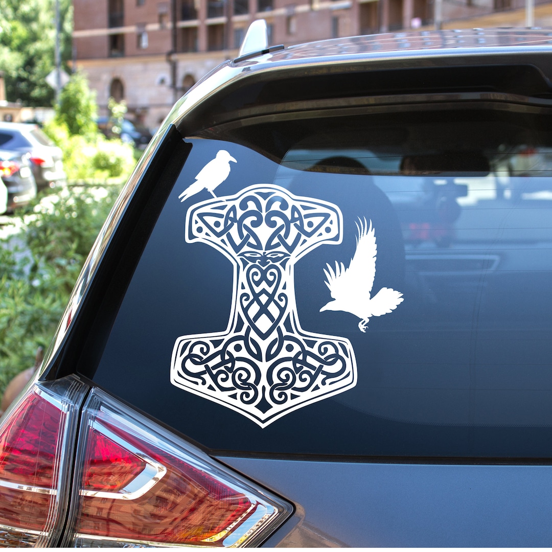 Mjolnir Thor's Hammer & Ravens Vinyl Car Decal: Norse Viking Waterproof ...