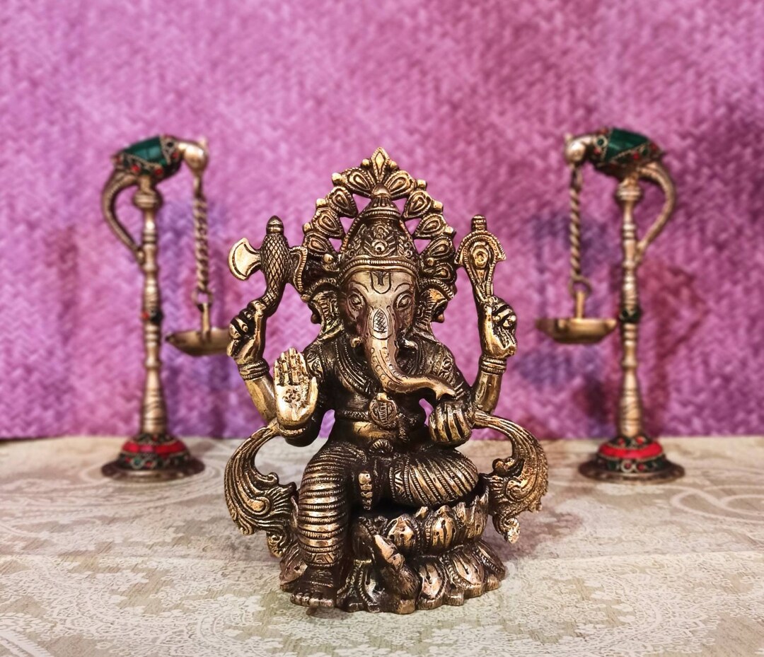 Ganesha Statue -7" Lord Ganesha Idol on Louts With 8" Parrot Lamp(set ...