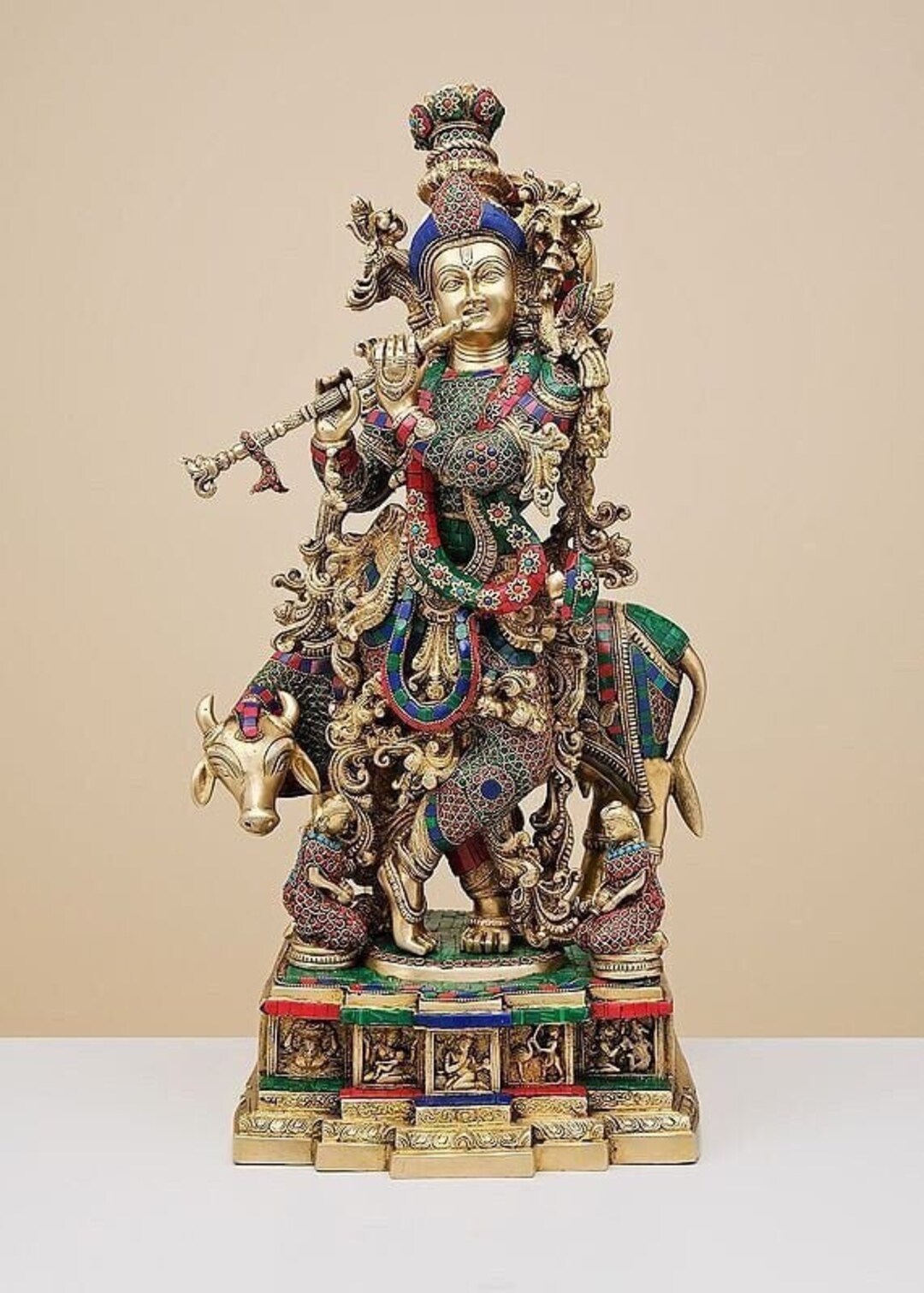 Large Brass Cow Krishna Statue, 28" Cow Krishna Inlay Work, Flute ...