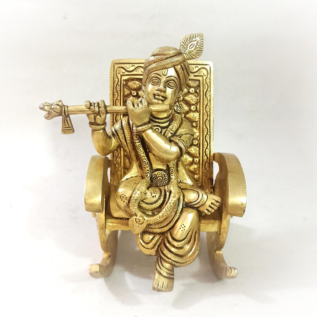 6.5" Brass Relaxing Krishna Statue, Swing Chair Krishna With Flute ...