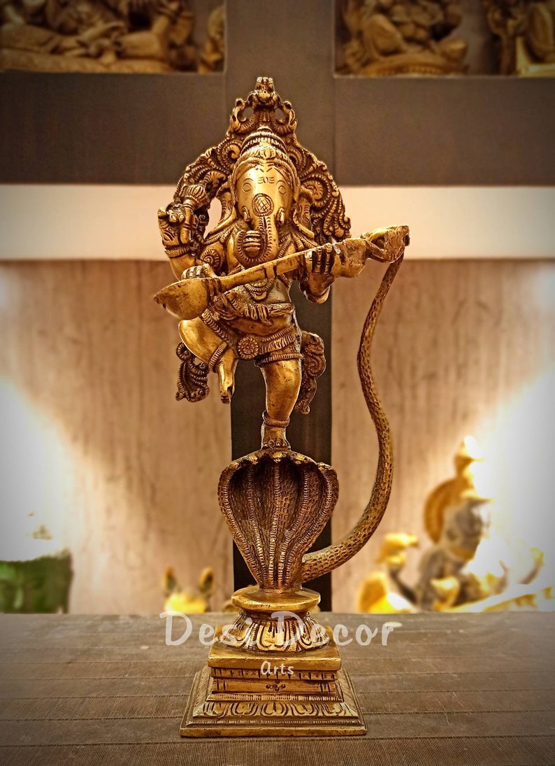11" Brass Dancing Ganesha on a Snake Head, Lord Ganesha, Elephant God ...