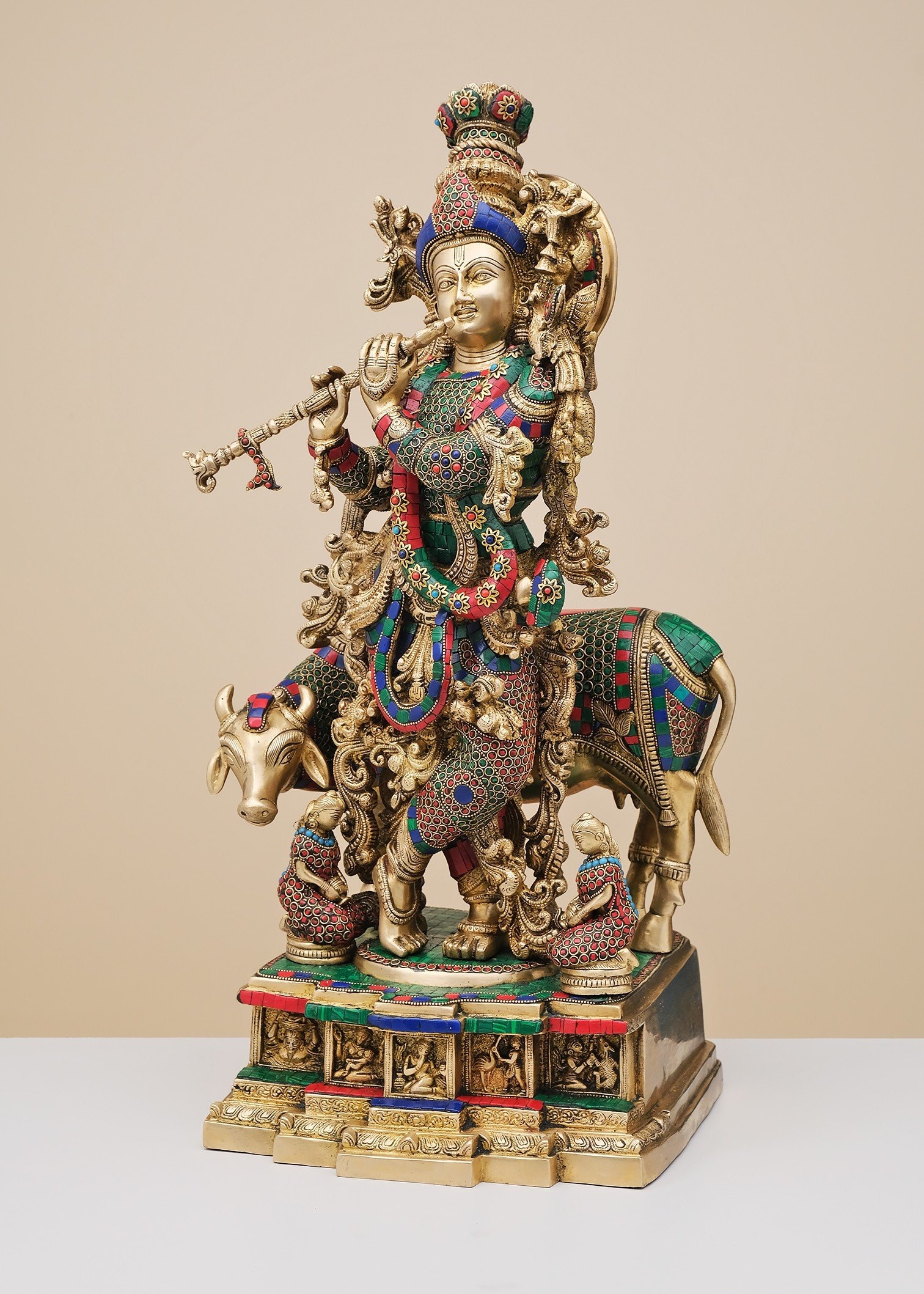Large Brass Cow Krishna Statue, 28 Cow Krishna Inlay Work, Flute ...