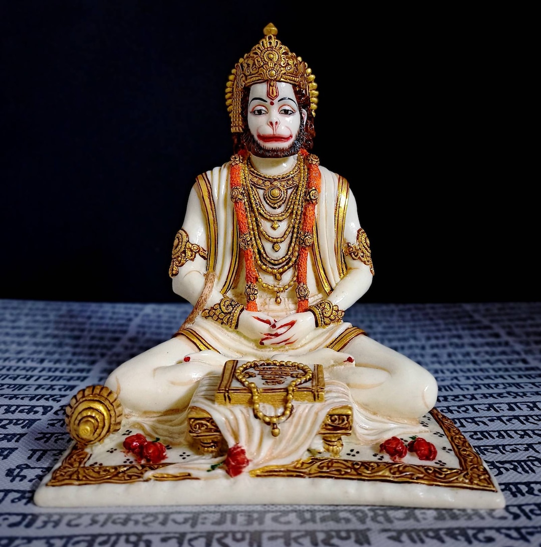 8"inch Lord Hanuman Sitting Statue With Gada & Reading Book Hindu ...