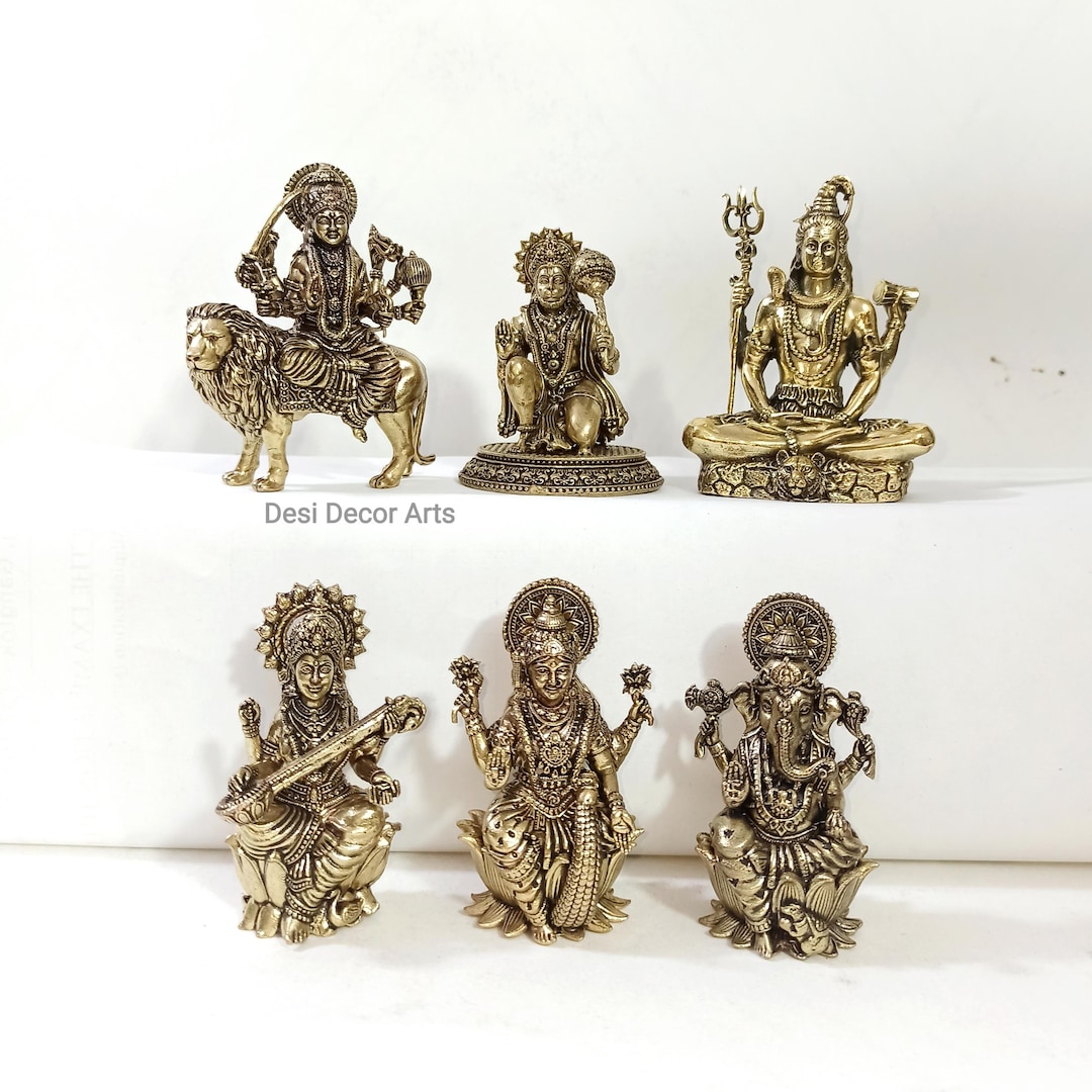 Brass Hindu God Goddess Statues Set: Lakshmi, Ganesh, Saraswati, Durga ...
