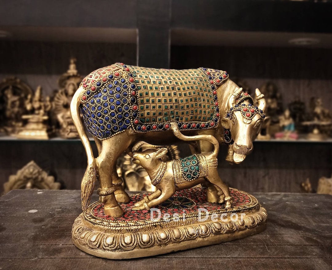18CM Kamdhenu Cow With Calf Statue, Cow Idol With Inlay Stone Work ...