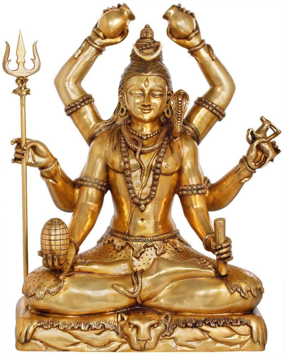 31" Brass Hand-painted Lord Shiva Statue: Six-hand Mahadeva, Temple ...