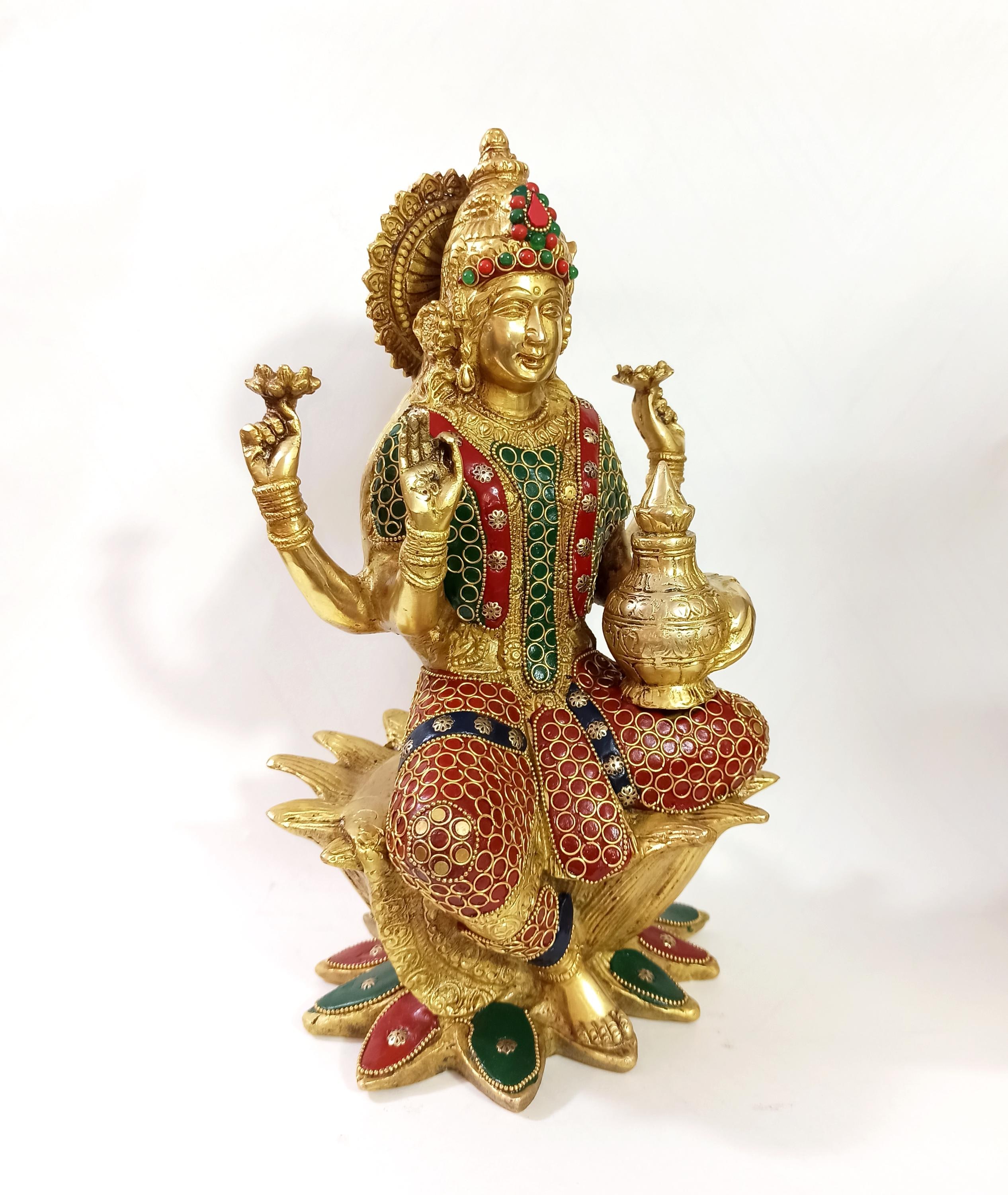 Brass Lakshmi Statue: 12" Hindu Goddess Idol on Lotus - Etsy