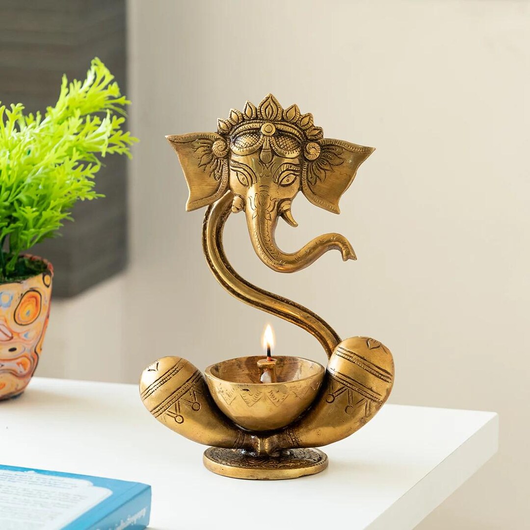 Brass Ganesha Deepak Statue: Hindu Temple Oil Lamp, 9" Sculpture - Etsy